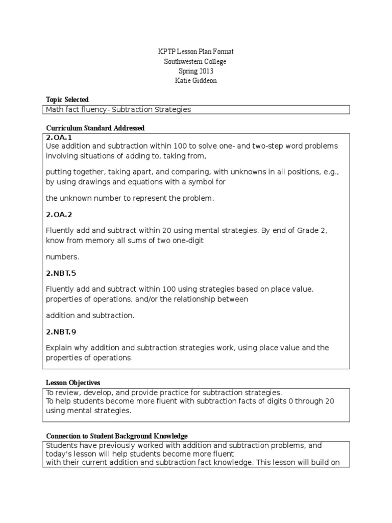 KPTP Lesson Plan Giddeon | PDF | Subtraction | Education Theory