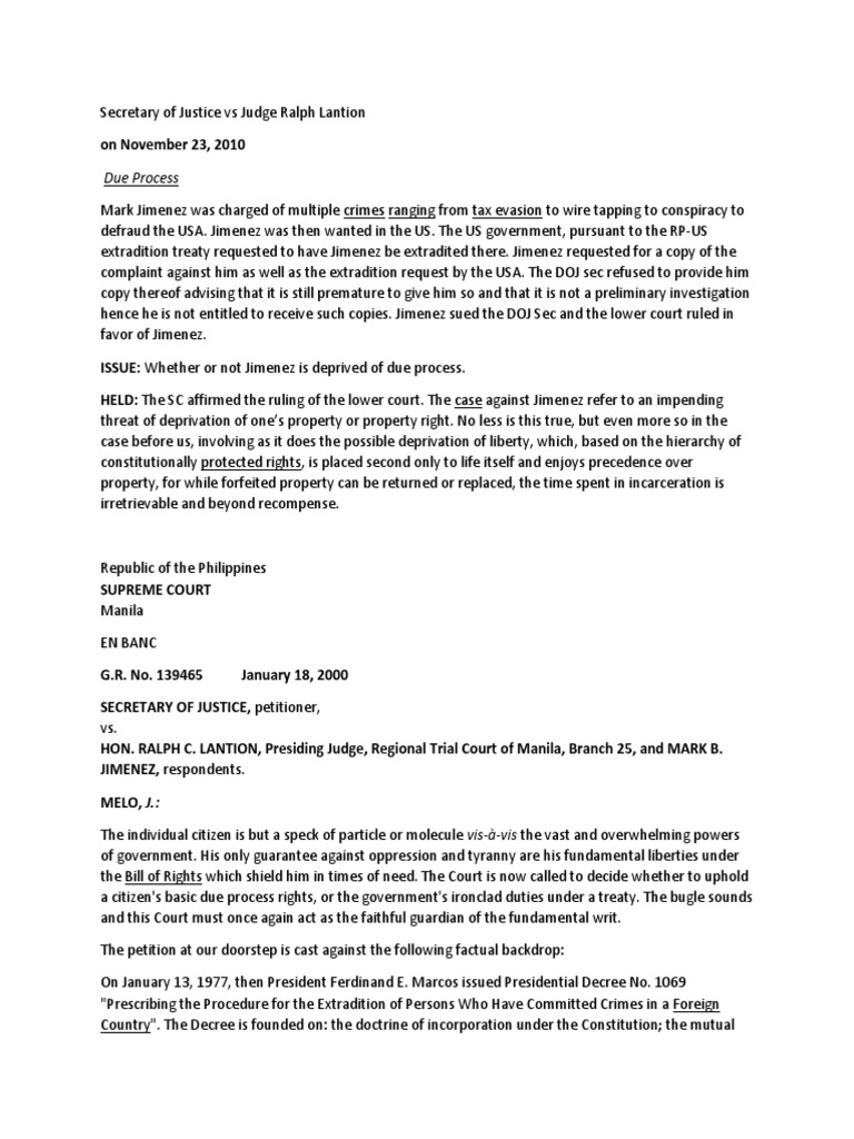 Secretary of Justice Vs Judge Ralph Lantion | PDF | Extradition | Due ...