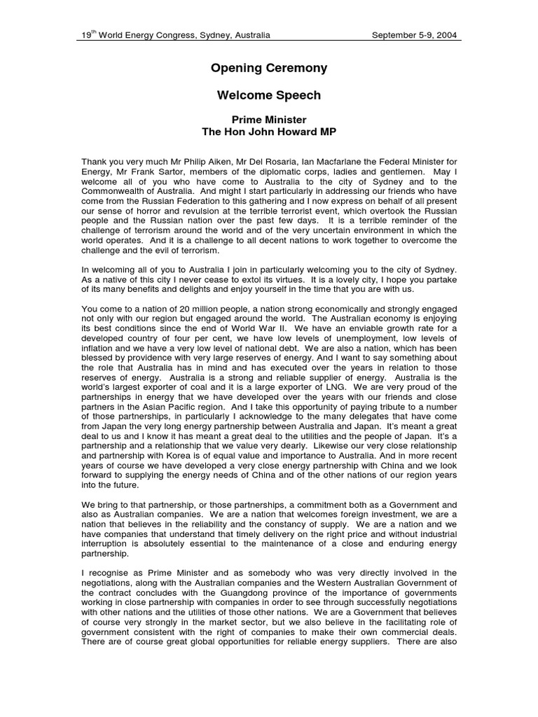 Welcome Speech | PDF | Kyoto Protocol | Energy Development