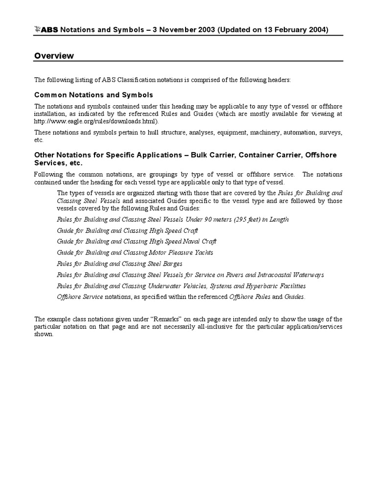 Vessel Class Notations Table | PDF | Technology & Engineering