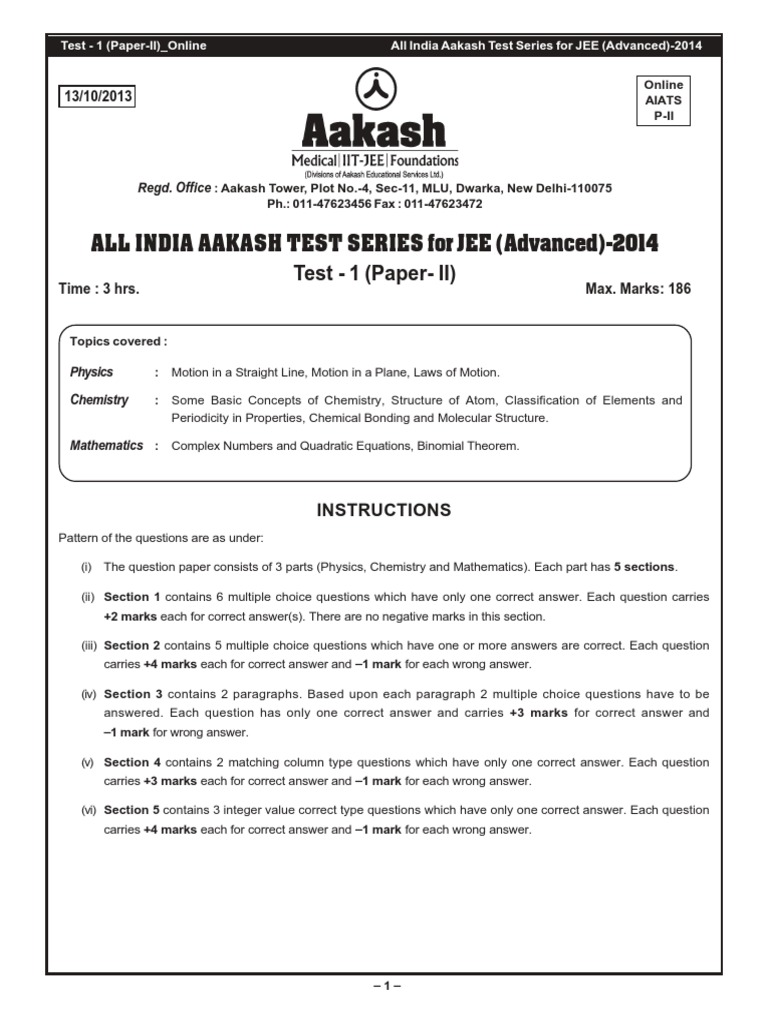 ALL INDIA AAKASH TEST SERIES For JEE (Advanced) - 2014 | PDF