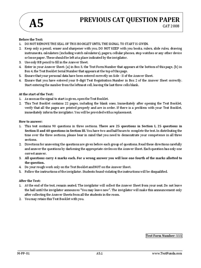 CAT 2008 Question Paper With Detailed Solutions and Answer Key | PDF ...