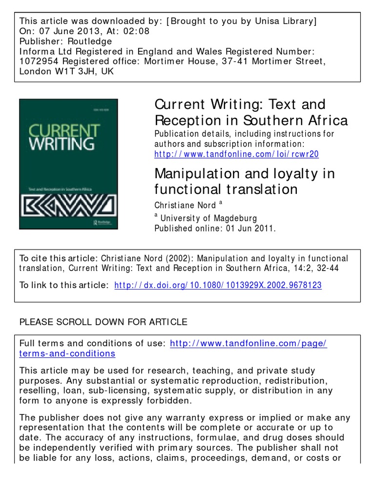 Christiane Nord 2002 Manipulation and Loyalty in Functional Translation ...