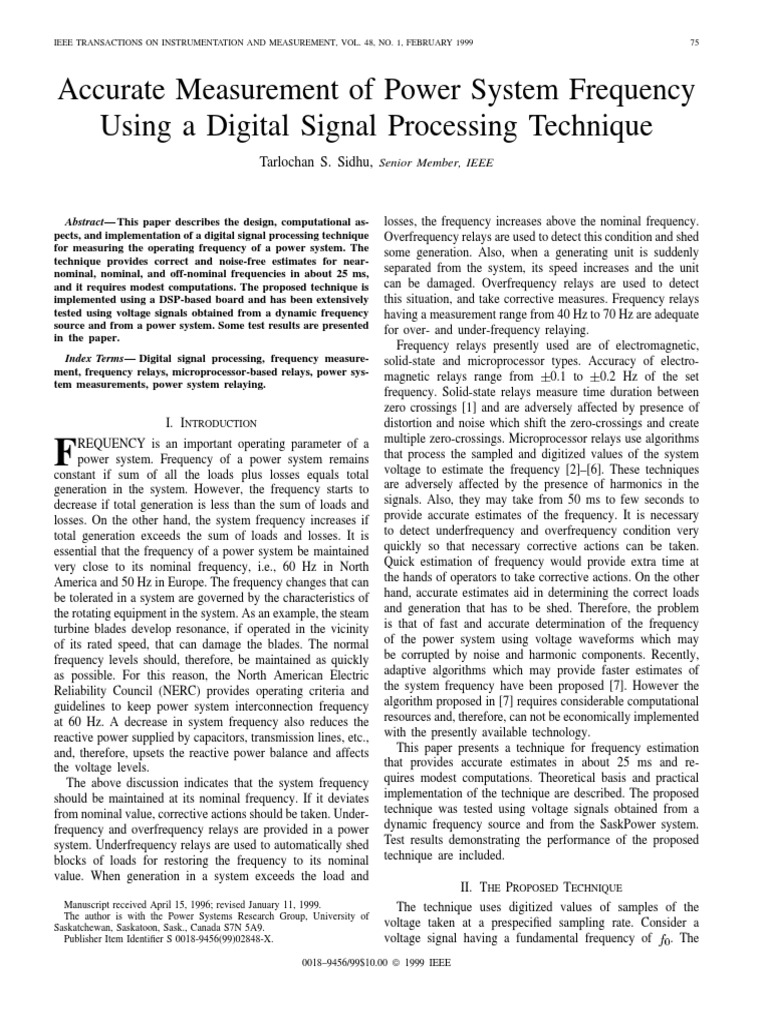 Accurate Measurement of Power System Frequency | PDF | Analog To ...