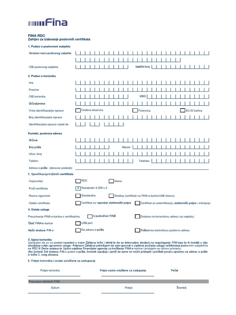 Fina-Zahtjev Za Izdavanje Poslovnih Certifikata | PDF