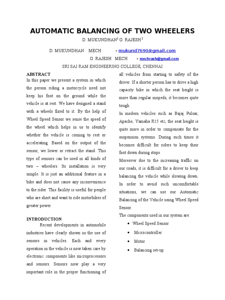 Automatic Balancing of Two Wheelers | PDF | Nature