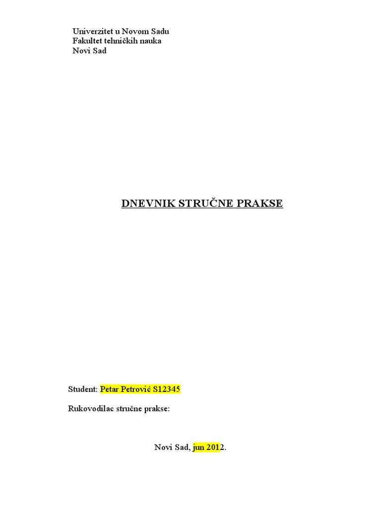 Izvestaj o Obavljenoj Strucnoj Praksi - Primer | PDF