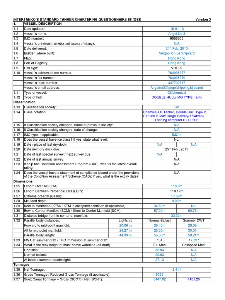 MT Angel No3 - Q88 | PDF | Tonnage | Ships