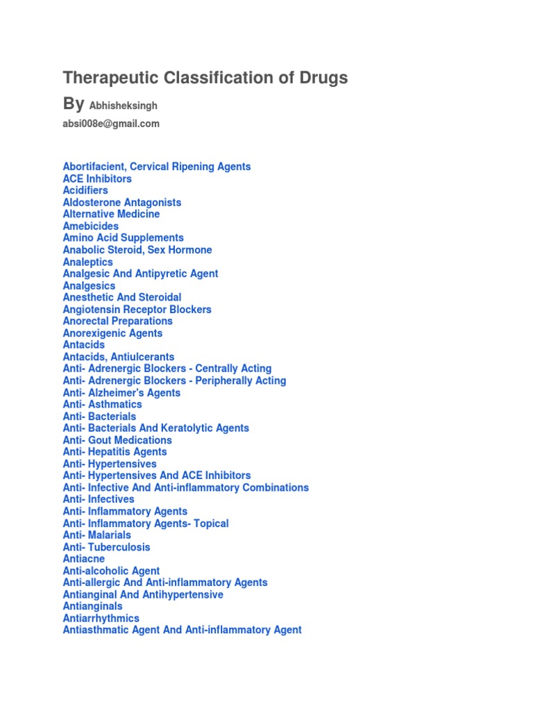 Therapeutic Drug Classifications Overview | PDF | Pharmacology | Drugs