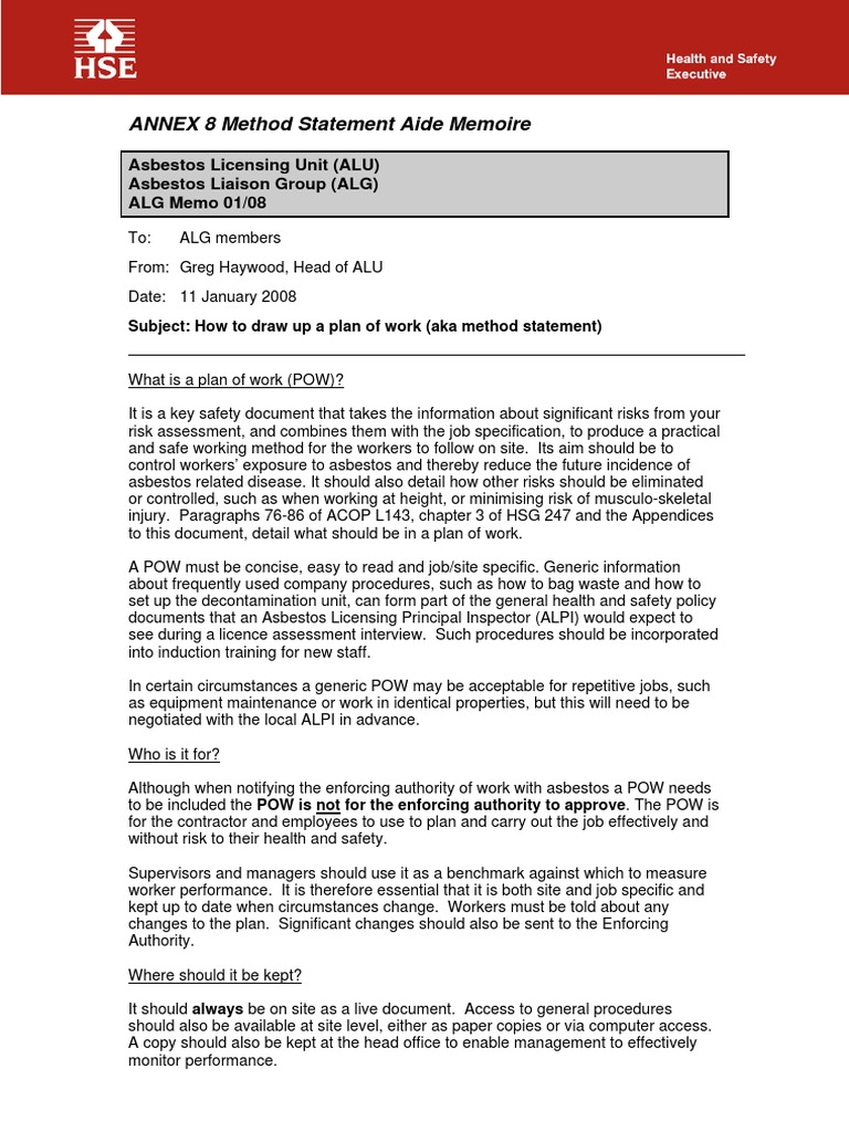 ANNEX 8 Method Statement Aide Memoire: Asbestos Licensing Unit (ALU ...
