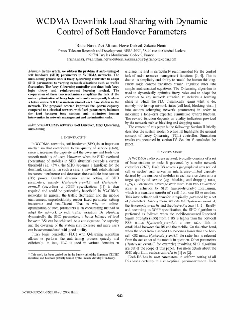 WCDMA Downlink Load Sharing With Dynamic Control of Soft Handover Parameters | PDF | Fuzzy Logic ...