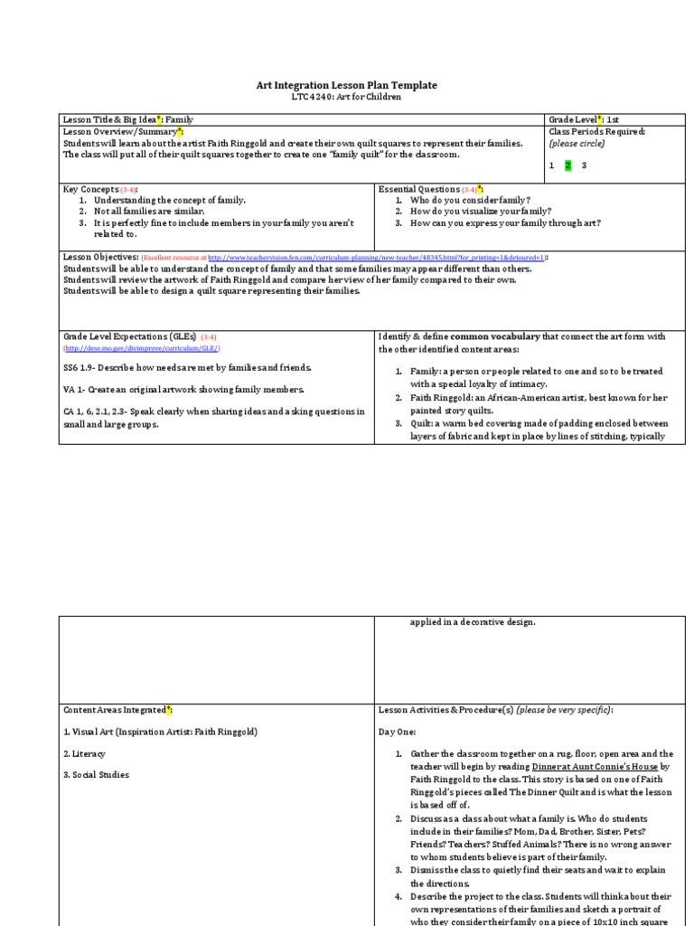 Art Integration Lesson Plan | PDF | Quilt | Imagination