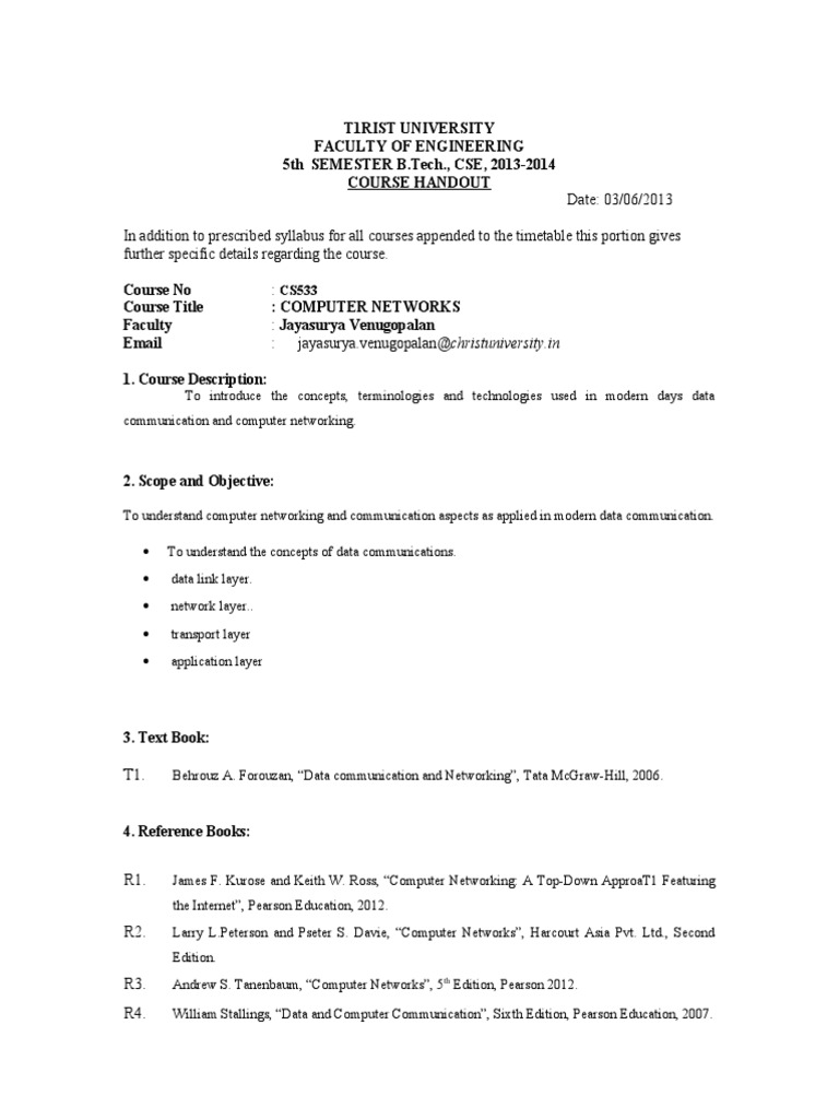 T1Rist University Faculty of Engineering 5th SEMESTER B.Tech., CSE, 2013-2014 Course Handout ...