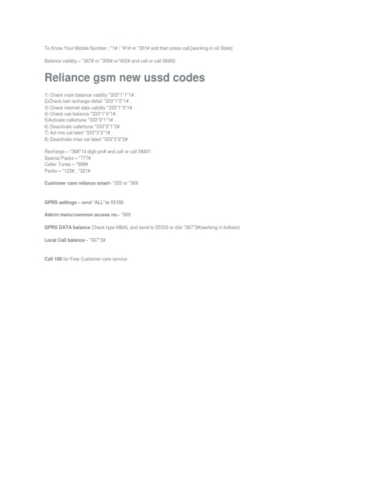 Reliance GSM USSD Codes Guide | PDF