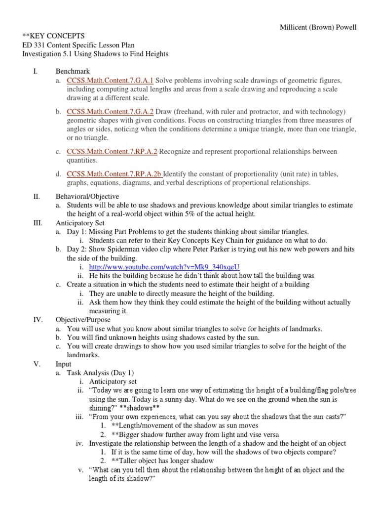 5 1 Shadows Lesson Plan | PDF | Shadow | Triangle