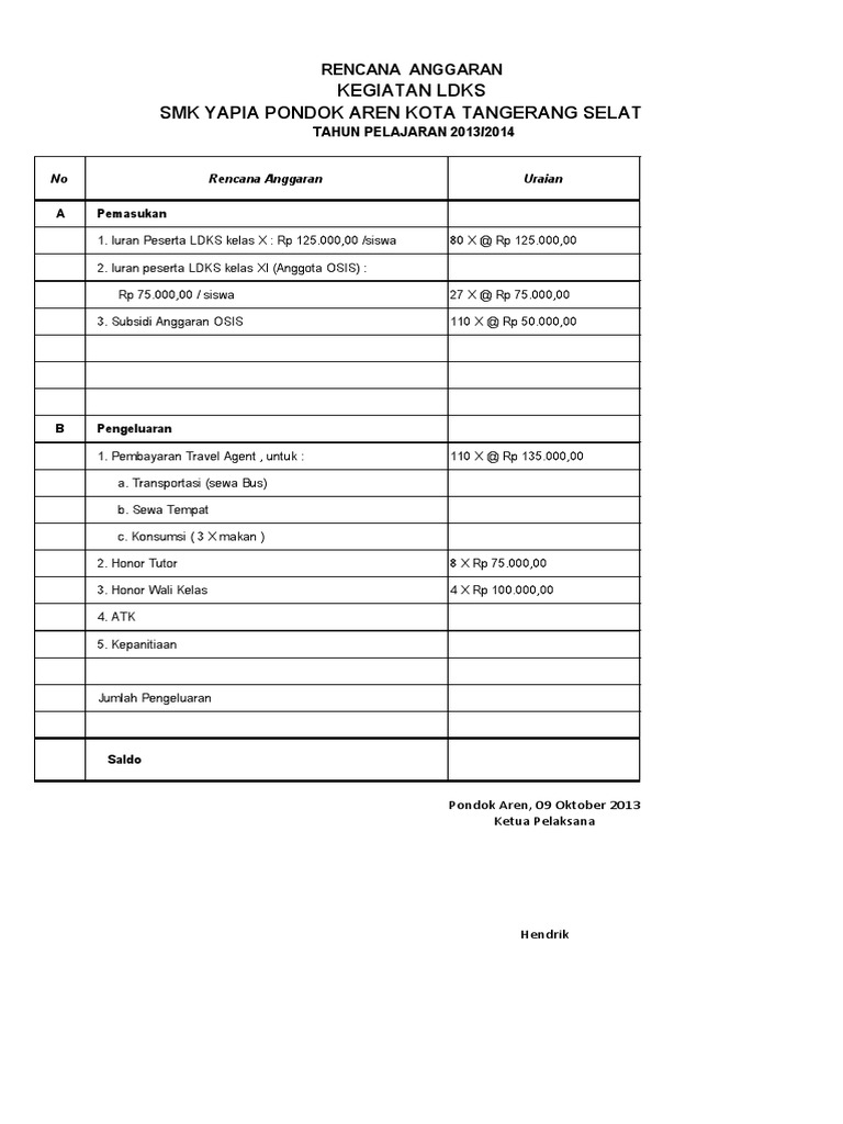 Anggaran Kegiatan LDKS SMK YAPIA | PDF