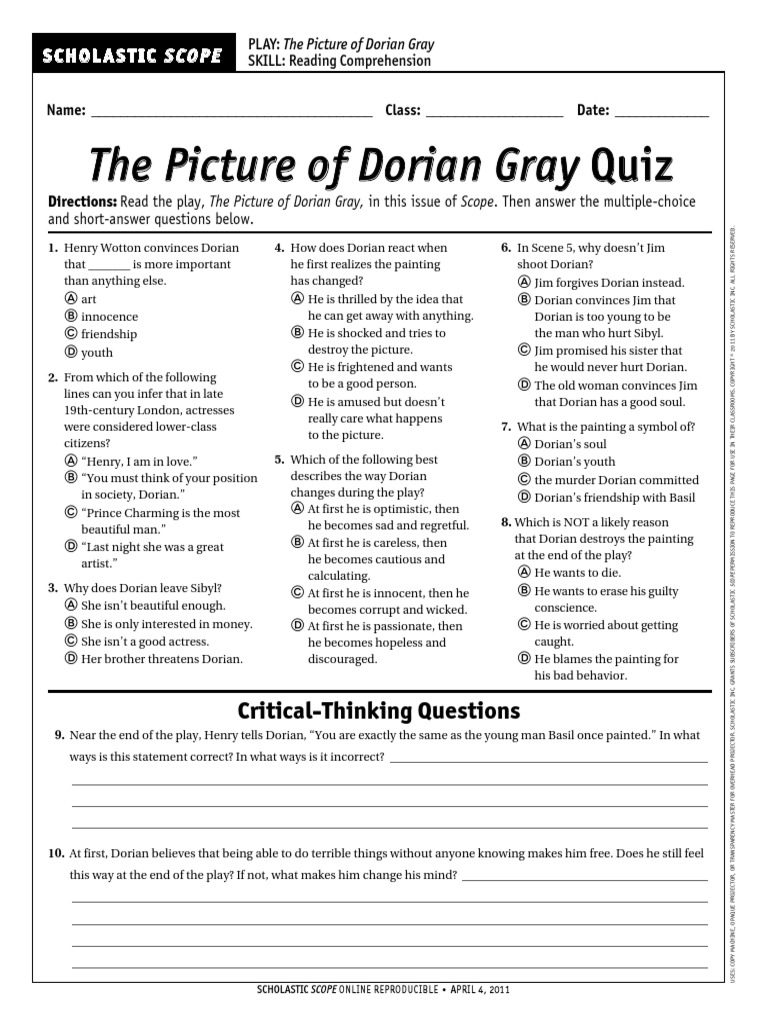Dorian Gray Quiz | PDF | The Picture Of Dorian Gray
