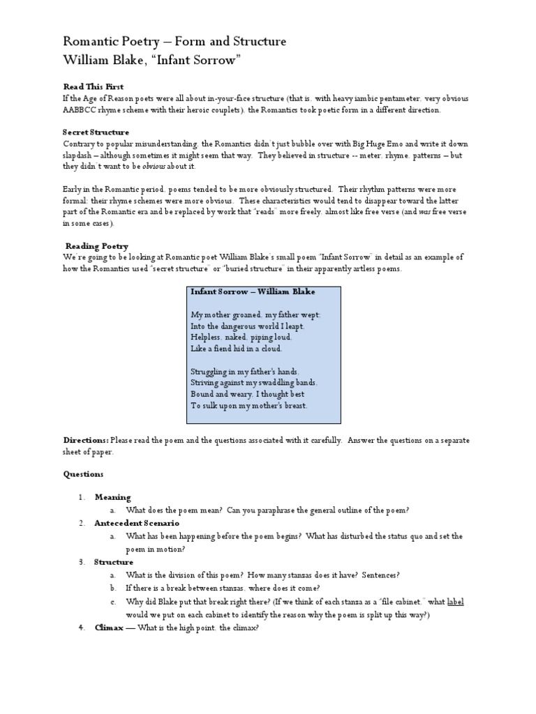 Blake Infant Sorrow Worksheet3 | PDF | Poetry | Poetics