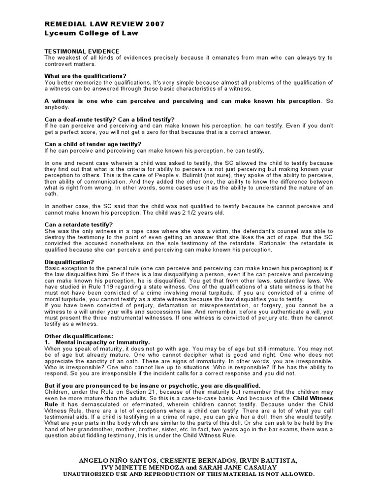 Testimonial Evidence Qualifications | PDF | Evidence (Law) | Burden Of ...
