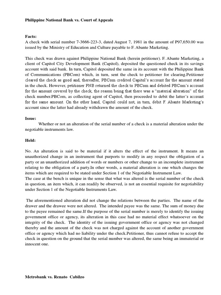 Philippine National Bank vs. Court of Appeals | PDF | Negotiable ...