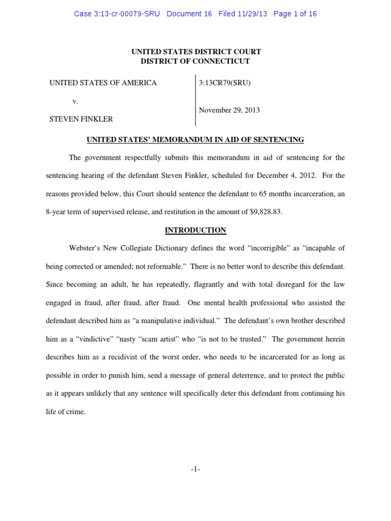 Steven Finkler Government Sentencing Memo | PDF | United States Federal ...