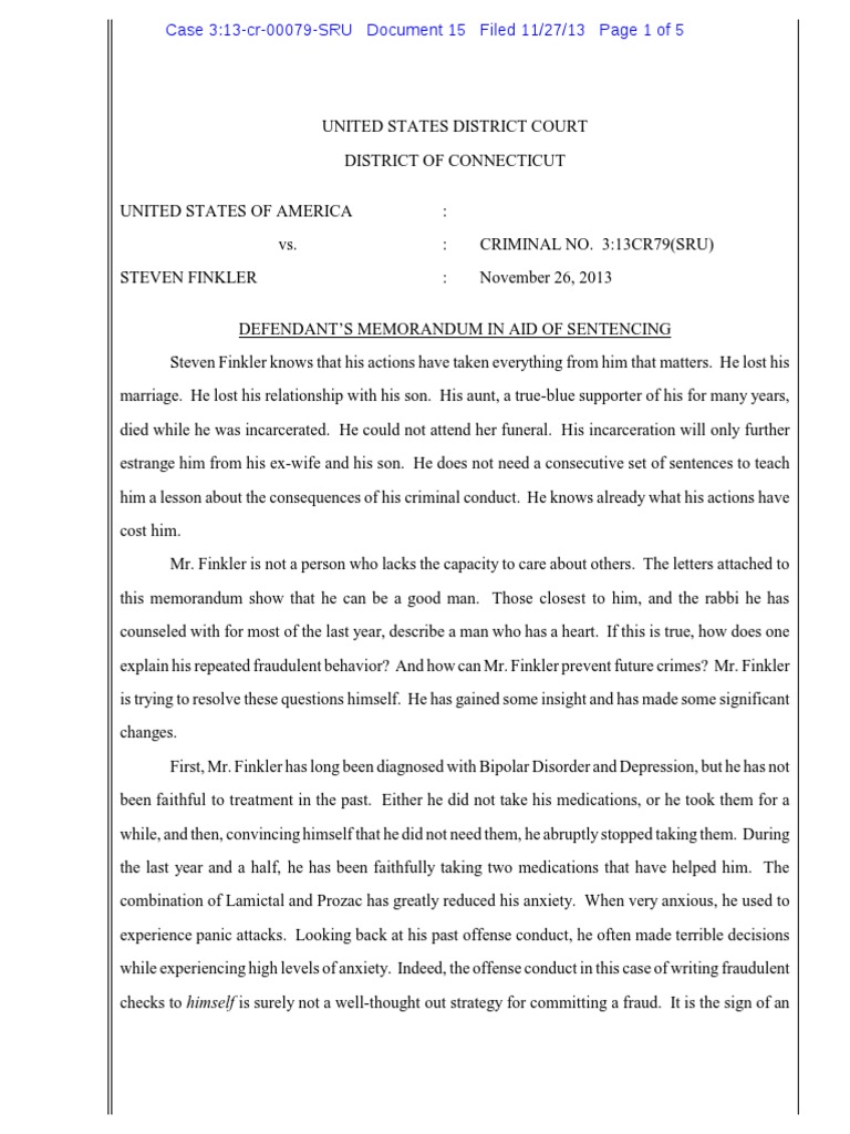 Steven Finkler Sentencing Memo - Defendant | PDF | Deterrence (Legal ...