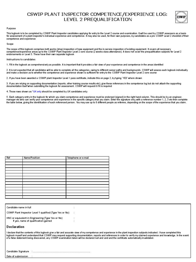 Cswip Plant Inspector Competence/Experience Log: Level 2 ...