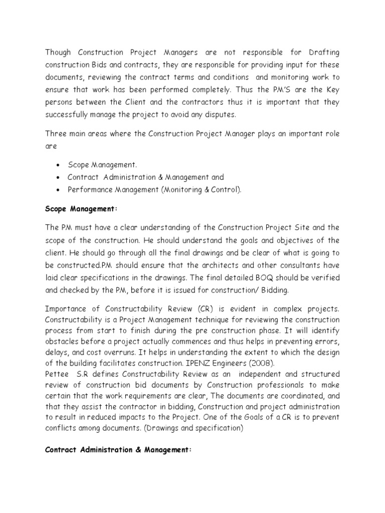 Construction Project Manager Responsibilities | PDF | Construction ...