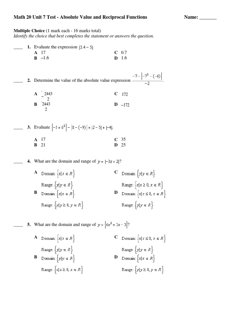 Math 20-1 Unit 7 Test | PDF | Quadratic Equation | Function (Mathematics)