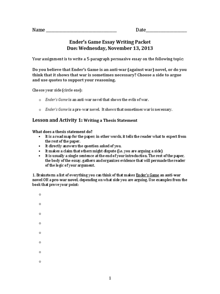 Weebly Enders Game Essay Writing Packet 1 | PDF | Paragraph | Essays