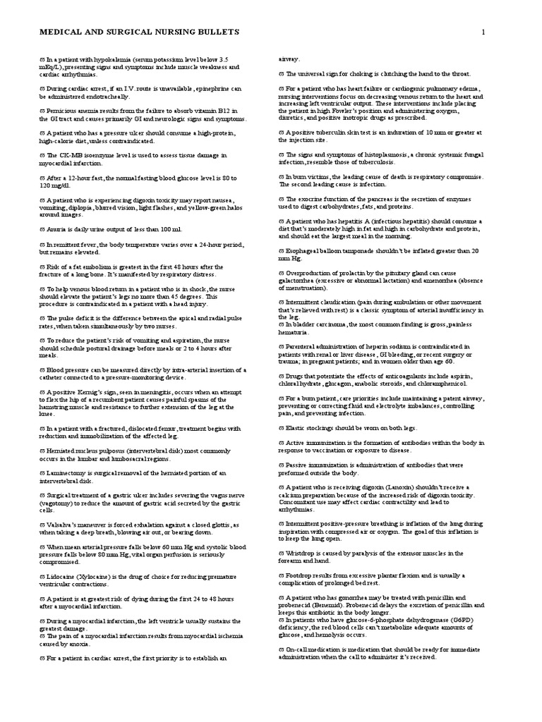 Med Surg Bullets | PDF | Medical Specialties | Clinical Medicine