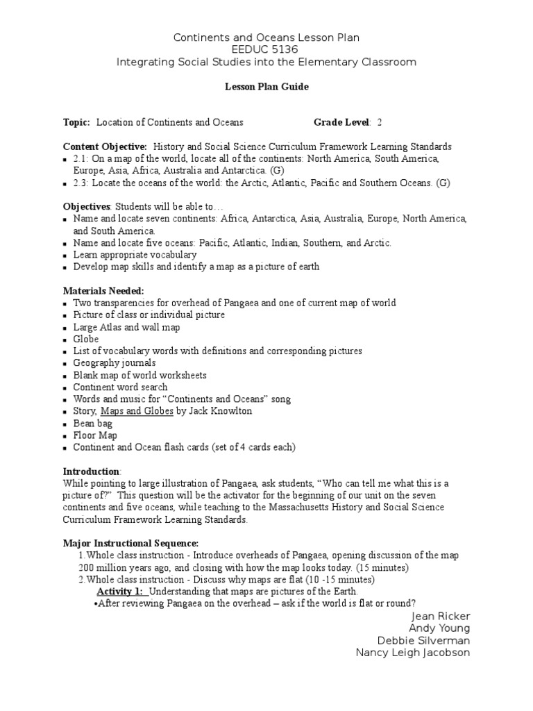 Continents and Oceans Lesson Plan - Nancy J, Jean, Andyand Debbie | PDF ...