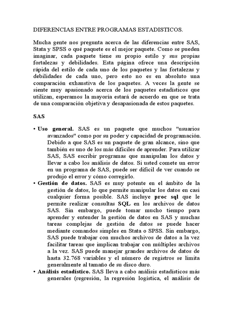 Diferencias Entre Programas Estadisticos | PDF | Spss | Análisis de ...