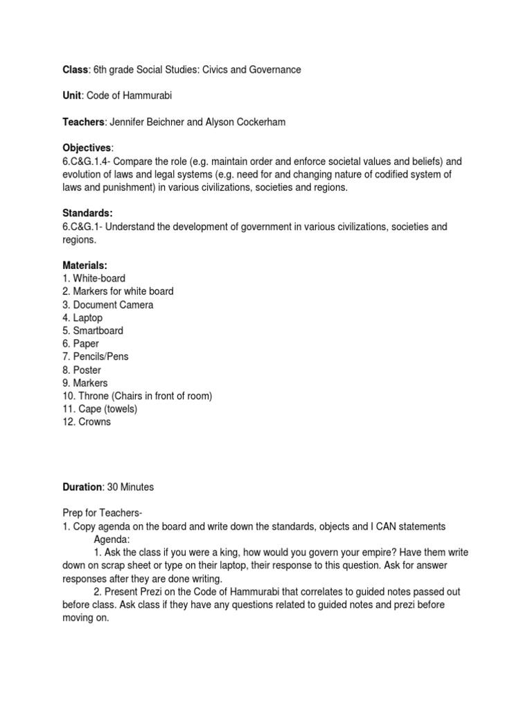 Hammurabi Code Lesson Plan for 6th Grade | PDF | Hammurabi