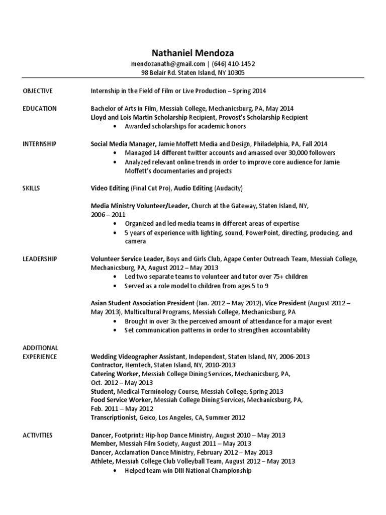 Film Production Internship Resume | PDF