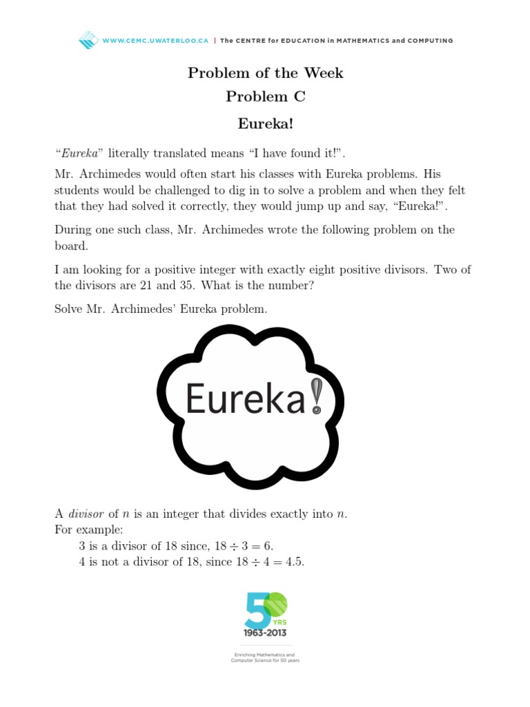Problem of The Week Problem C Eureka!: WWW - Cemc.Uwaterloo - Ca | PDF