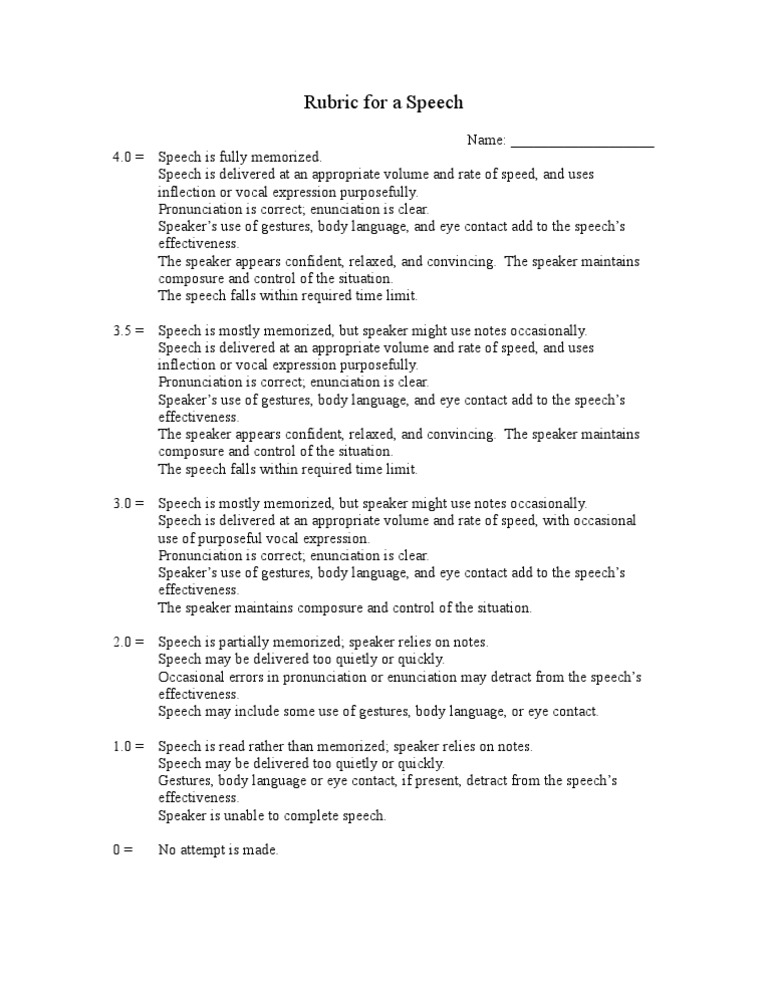 Rubric For A Speech | PDF