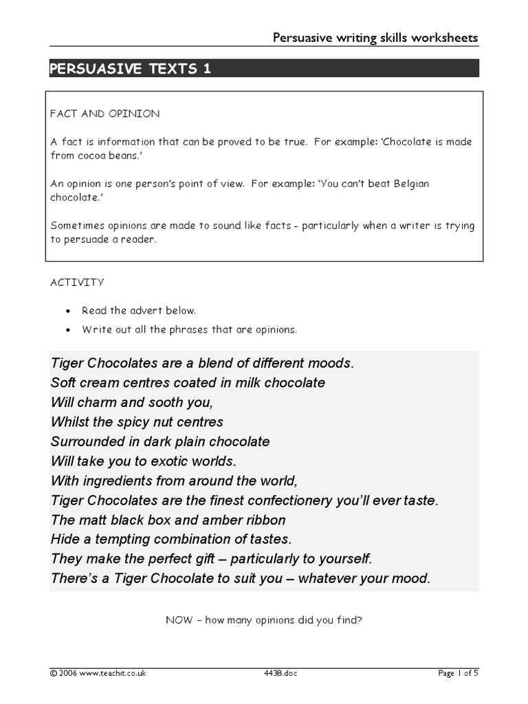 Persuasive Writing Skills Worksheets | PDF | Chocolate