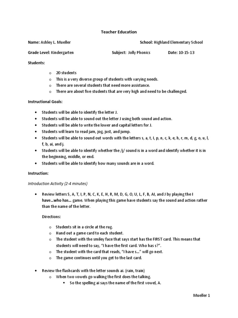 Jolly Phonics Lesson Plan For J | PDF | Phonics | Learning