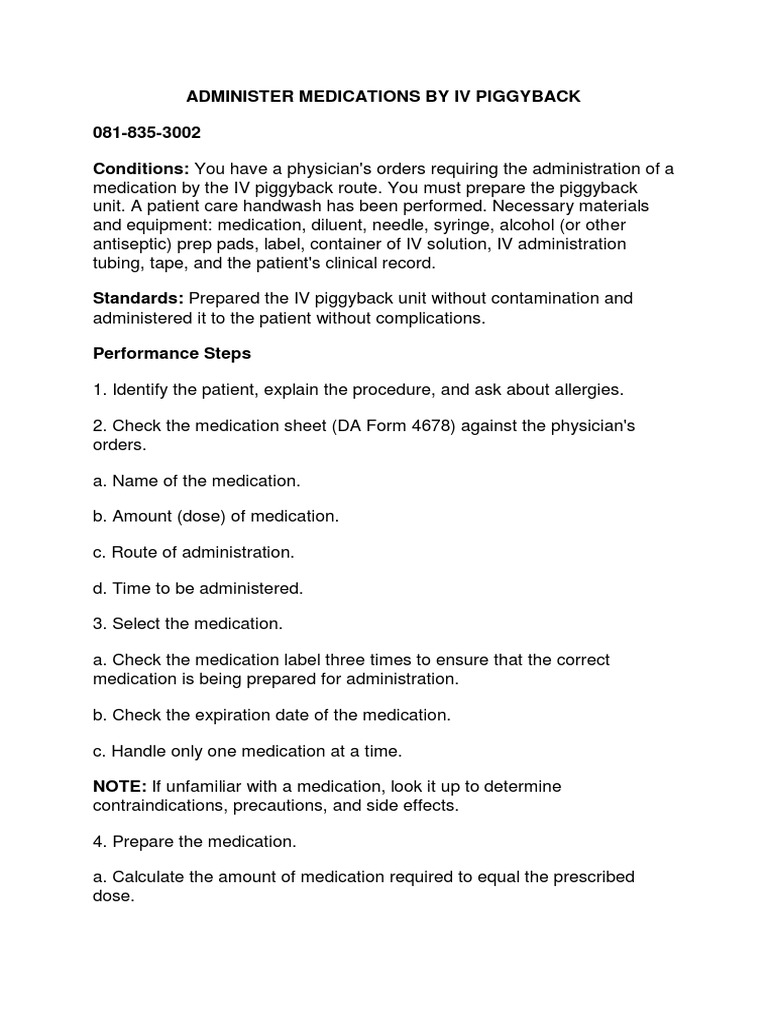 IV Piggyback Medication Administration Steps | PDF | Intravenous ...