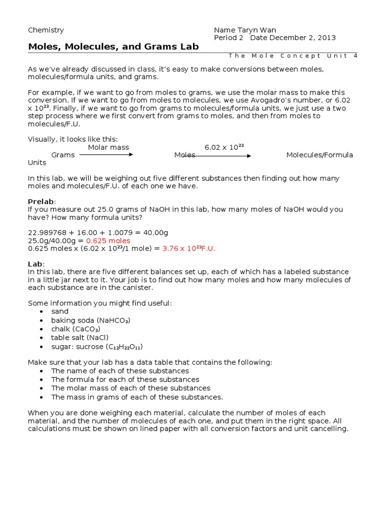U4 Lab 1 Moles Molecules and Grams-2 | PDF | Mole (Unit ...