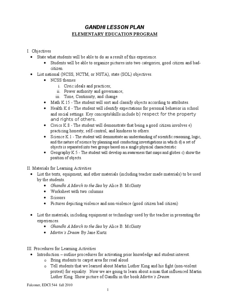 Gandhi Lesson Plan for Elementary Students | PDF | Cognition | Learning