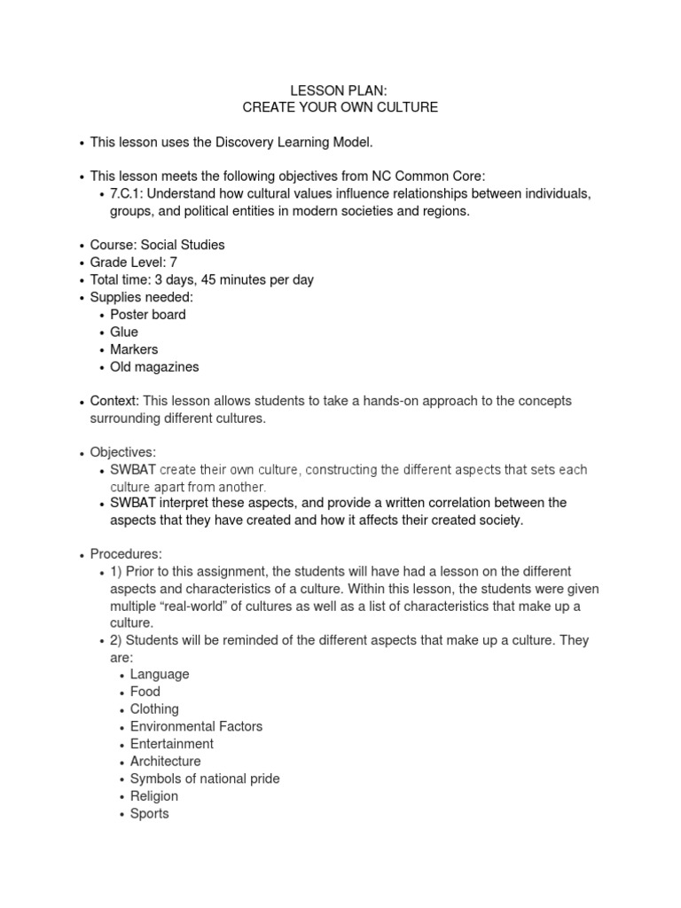 Create Your Own Culture Lesson Plan | PDF | Lesson Plan | Psychological ...