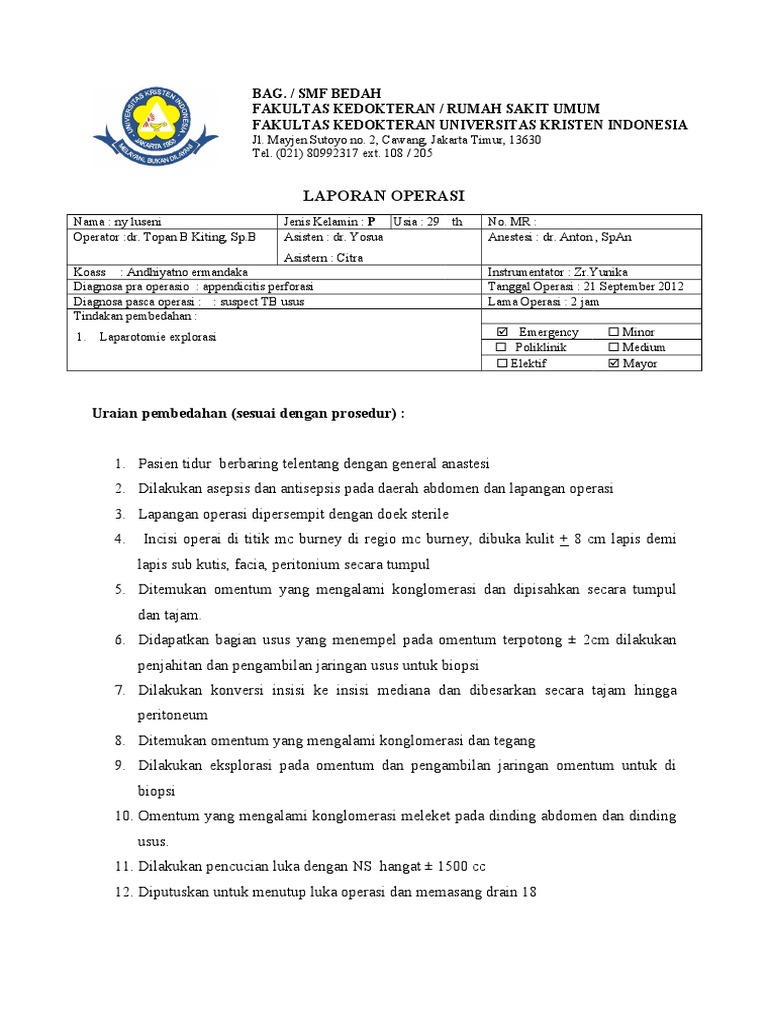 Contoh Laporan Ok Dan Proses Pembedahan Bedah Umum | PDF