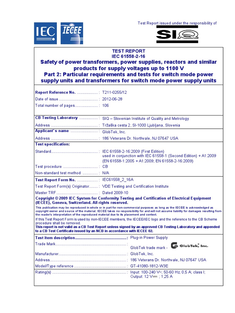 Test Report IEC 61558-2-16 | PDF | Transformer | Rectifier