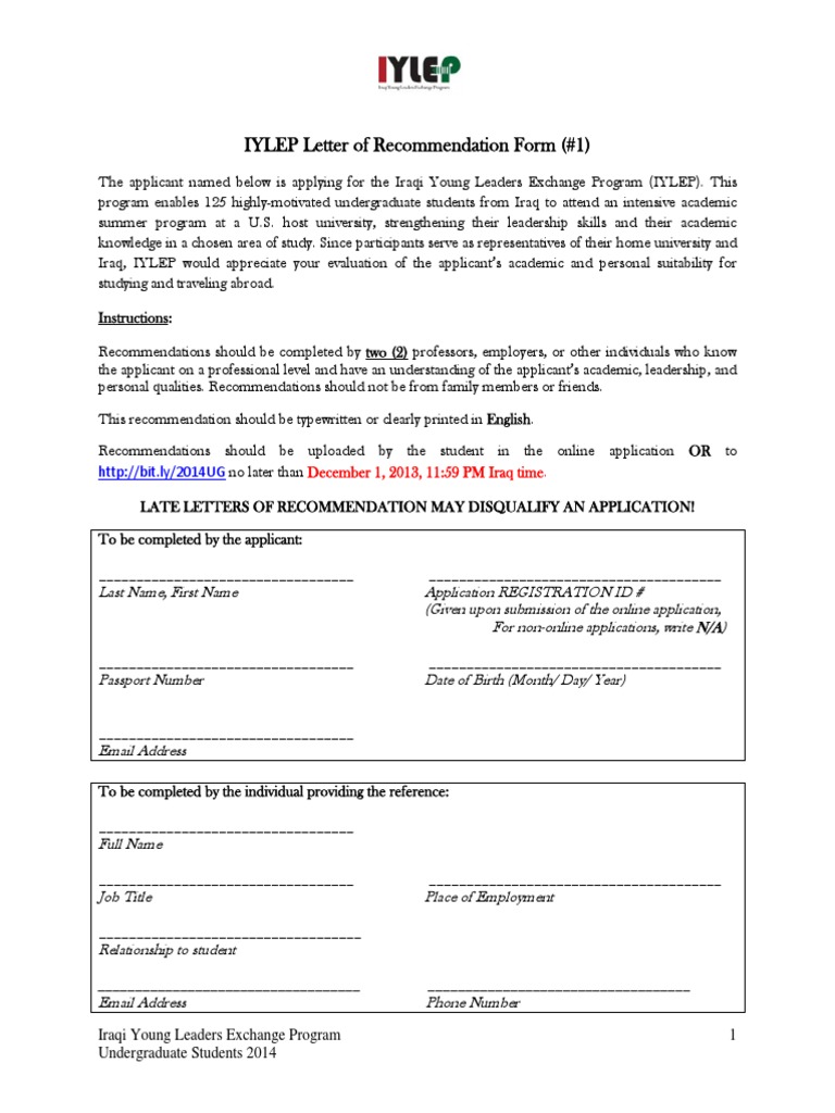 i y Lep Letter of Recommendation Form 1 | Students | Iraq