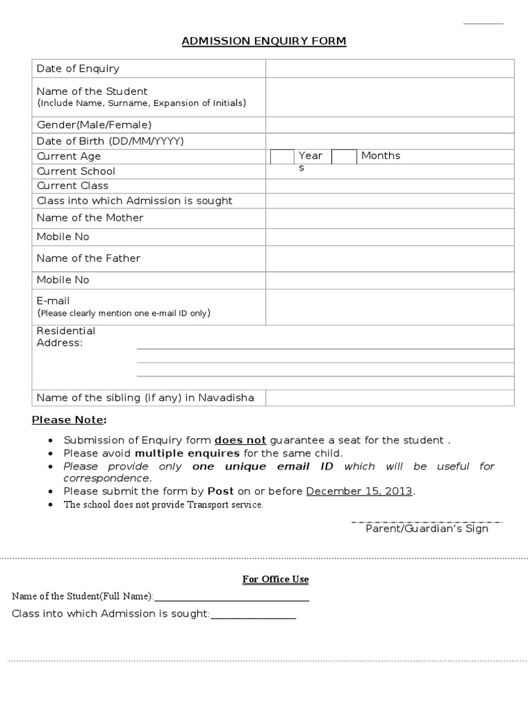 Admission Enquiry Form Template | PDF