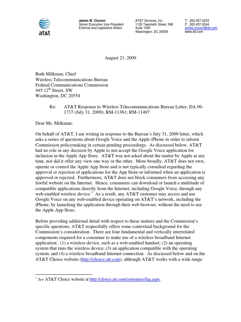 ATT Response To FCC Iphone Letter 082109 As Filed | PDF | At&T Mobility ...