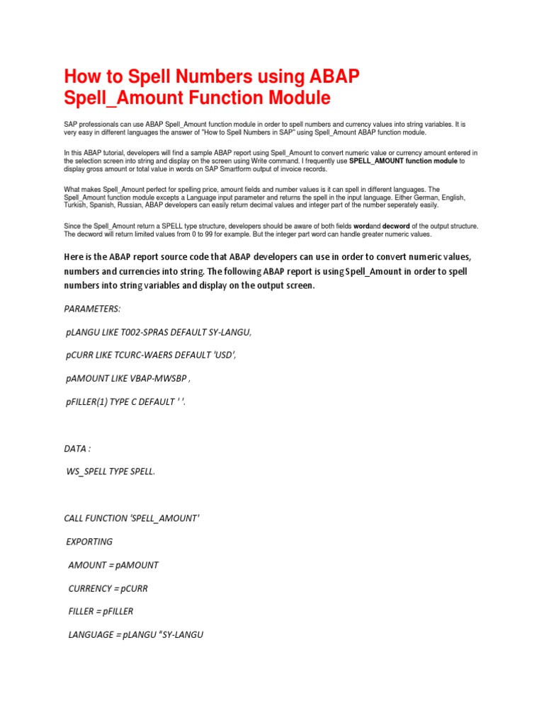 How To Spell Numbers Using ABAP Spell | PDF | String (Computer Science) | Parameter (Computer ...