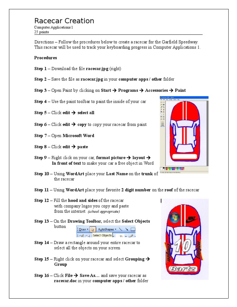Create a Racecar in Word and Paint | PDF